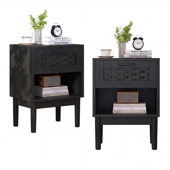Set van 2 Nachtkastjes - 40x30x55cm - met Lade en Open Vak - Hout en ...