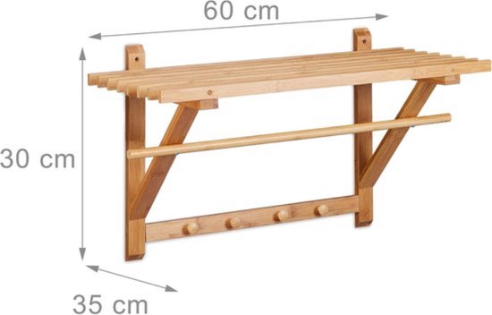 Bamboe wandkapstok met hoedenplank en 4 haakjes voor aan de muur ...