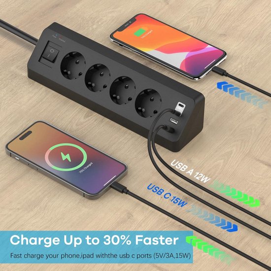 Hoek Stekkerdoos met 4 Stopcontacten, 2 USB en 2 Type-C, Tafelrand ...