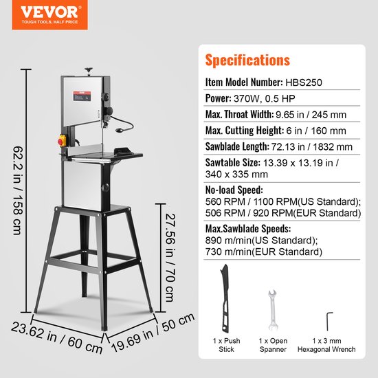 VEVOR bandzaag met standaard elektrische tafelzaag 245mm 370W 2 ...