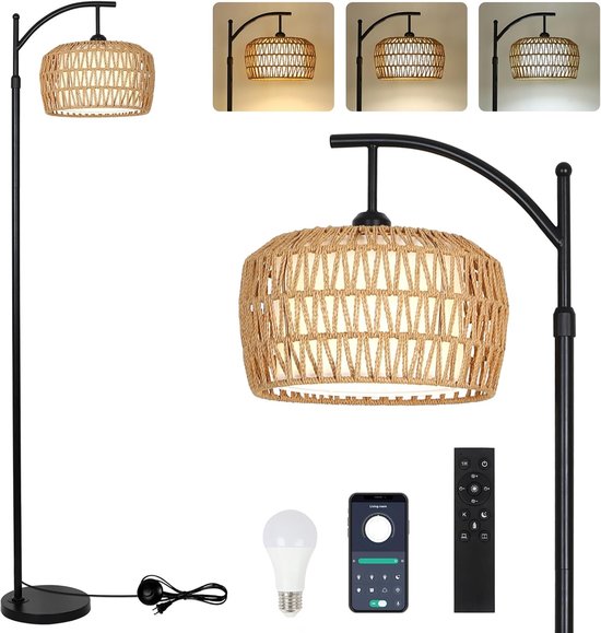 Vloerlamp van rotan woonkamer, dimbare vloerlamp met afstandsbediening ...