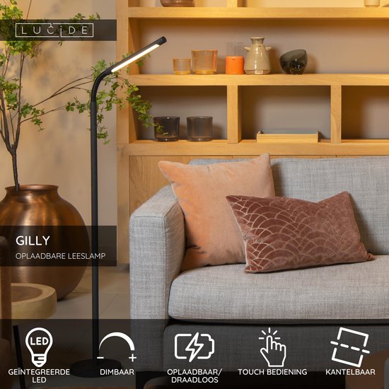 Lucide GILLY Oplaadbare leeslamp - Design staande lamp op accu - Zwart ...