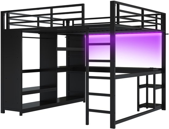 Gaming bed - 160x200 cm - Hoogslaper met Bureau - Open Kast en Led ...