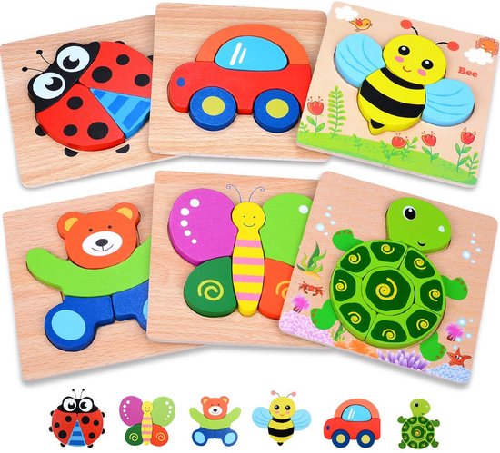 Houten Peuter Puzzels - 6 Dier Motieven - Educatief Speelgoed voor 1-3 ...