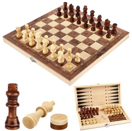 3-in-1 Schaakbord Hout 29x29 cm - Opvouwbaar en Draagbaar Spel voor ...