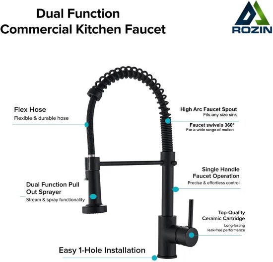 Glowhub - Zwarte keukenkraan met uittrekbare uitloop - Keukenkraan zwart uittrekbaar -... | bol
