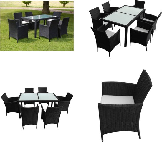 vidaXL 7-delige Tuinset met kussens poly rattan zwart - Tuintafel En ...