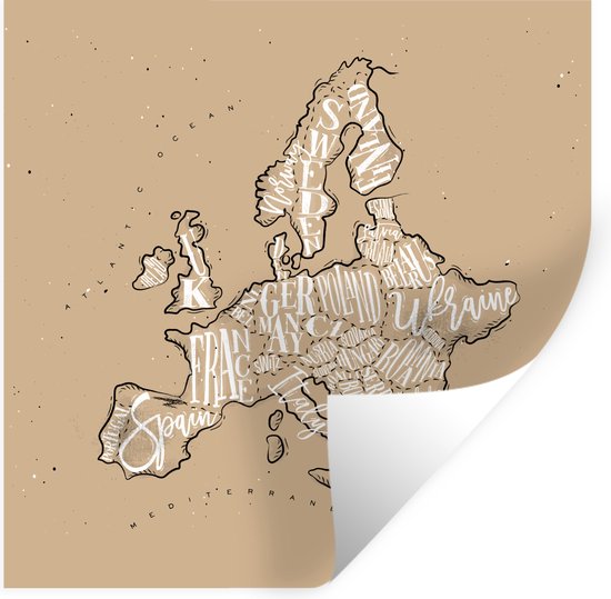 Muurstickers - Sticker Folie - Europa - Kaart - Bruin - Letters - 30x30 ...