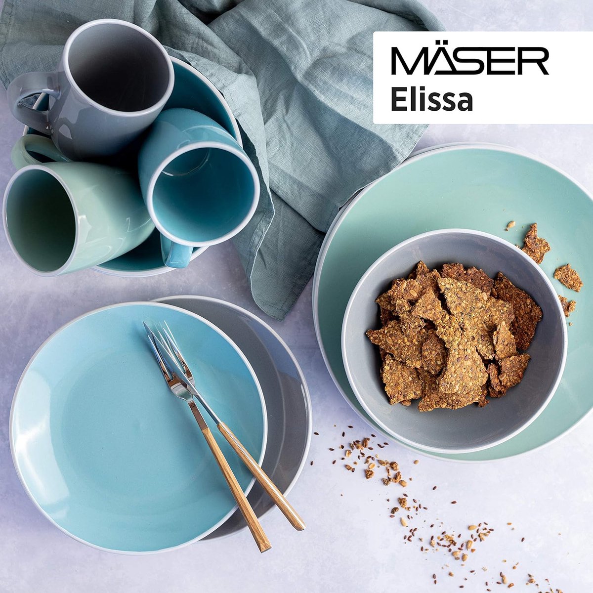 Serie modern servies set voor 6 personen in groen met witte rand, 24 ...
