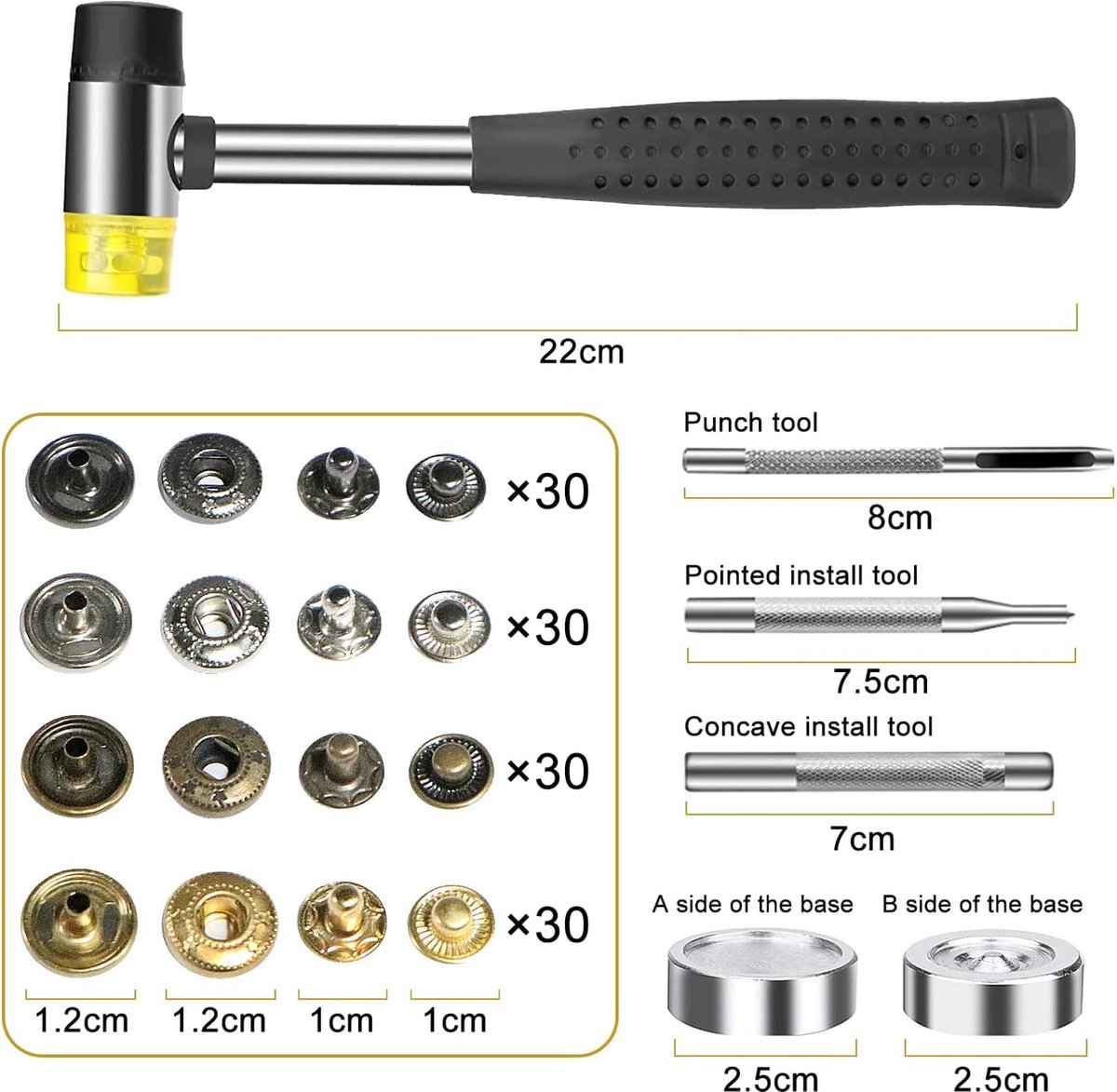 120 set drukknopen kit, metalen drukknopen knoppen drukknoppen met ...