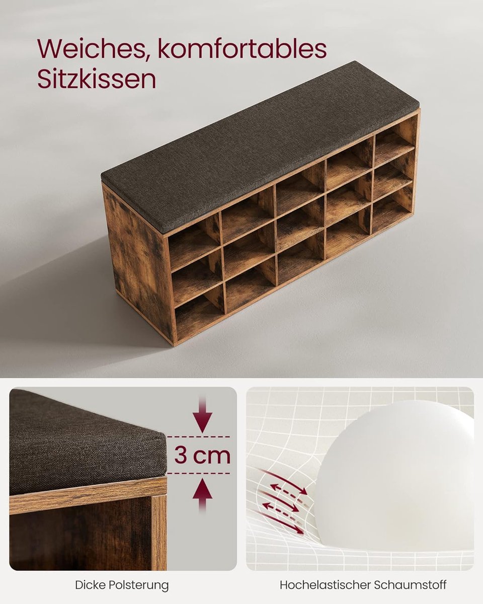 VASAGLE Schoenenbank, zitbank, schoenenrek met zitvlak, met kussens en ...
