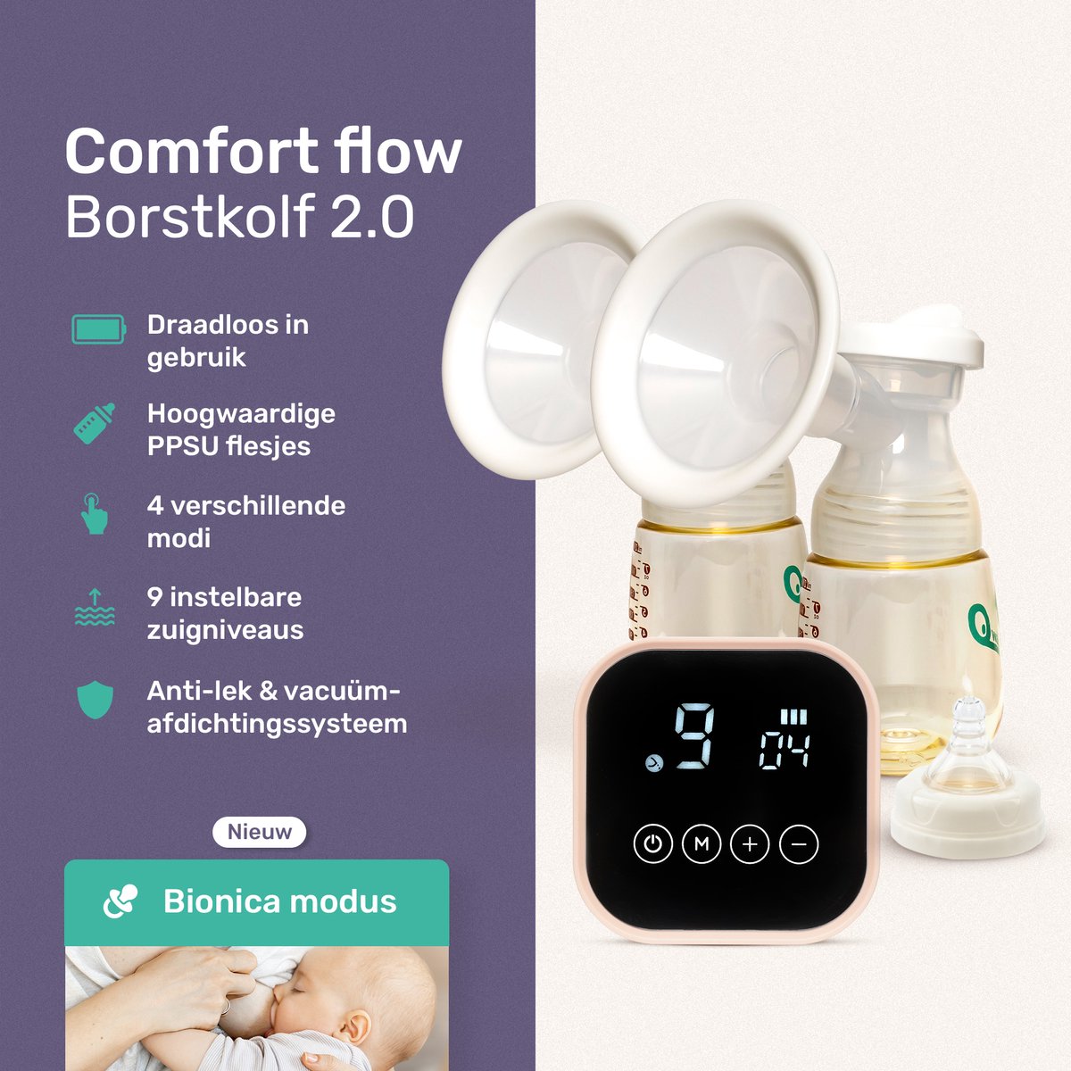 Qwali Comfort flow 2.0 - Elektrische Borstkolf - Dubbel - Kolf ...