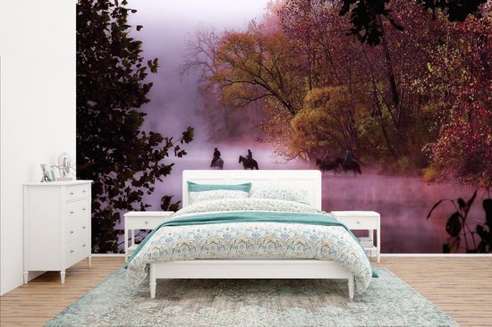 Behang - Fotobehang Paarden - Mist - Bos - Breedte 435 cm x hoogte 260 ...