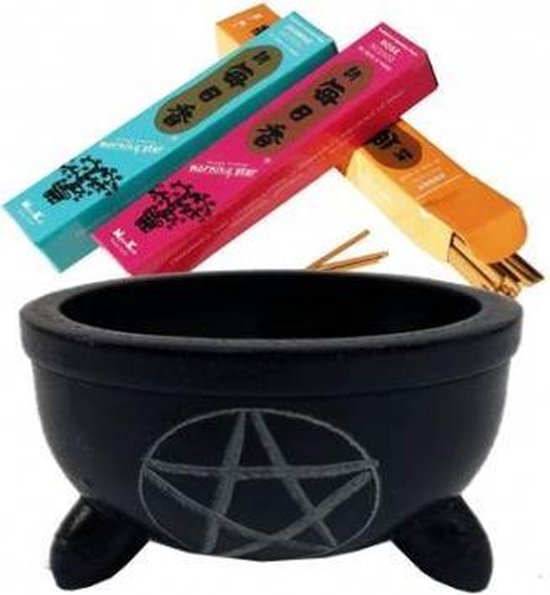 Wierookbakje zwart zeepsteen pentagram + steentjes - 10x6 - Zeepsteen ...