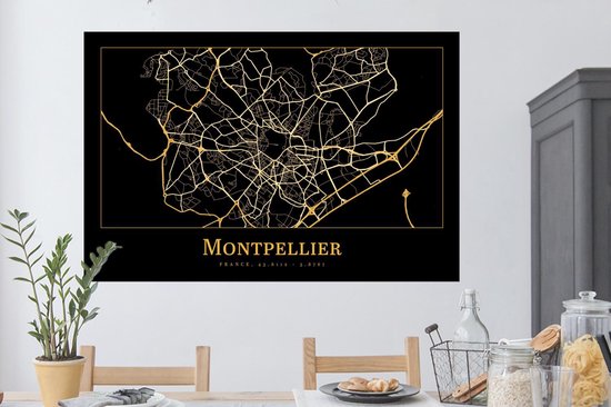 Muurstickers - Sticker Folie - Kaart - Montpellier - Zwart - Goud ...