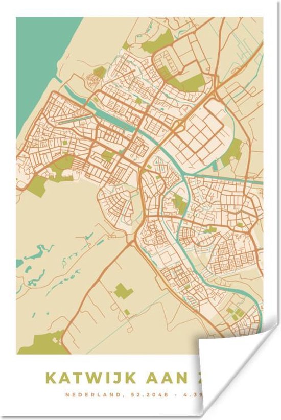 Poster Plattegrond - Katwijk aan Zee - Vintage - 80x120 cm - Stadskaart ...