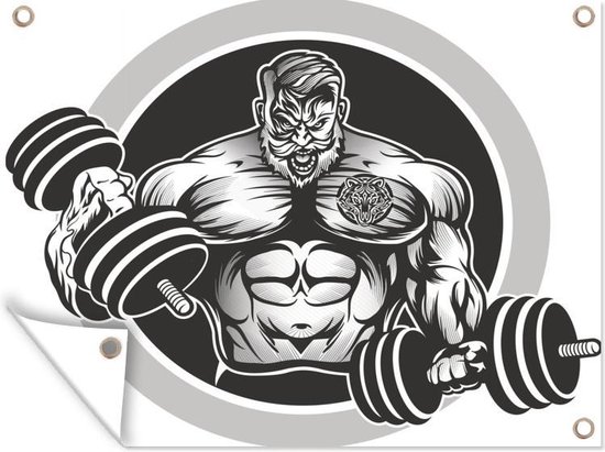 Muurdecoratie buiten een bodybuilder met twee dumbbells - 160x120 cm ...