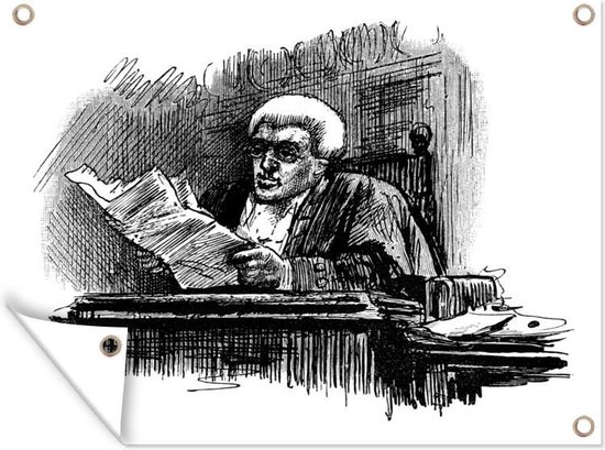 Muurdecoratie buiten Een vintage tekening van een rechter die een stuk ...