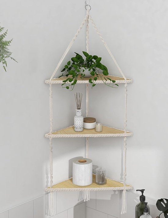 Hangplank houten hoekplank witte wandplank Boho macrame muurophangplank ...