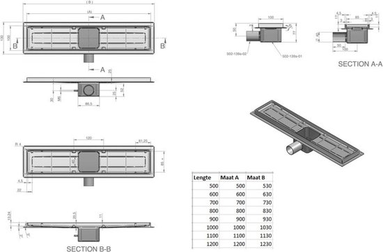 Ben B-Drain douchegoot inbouwdeel 90cm met Ø40mm waterslot RVS | bol
