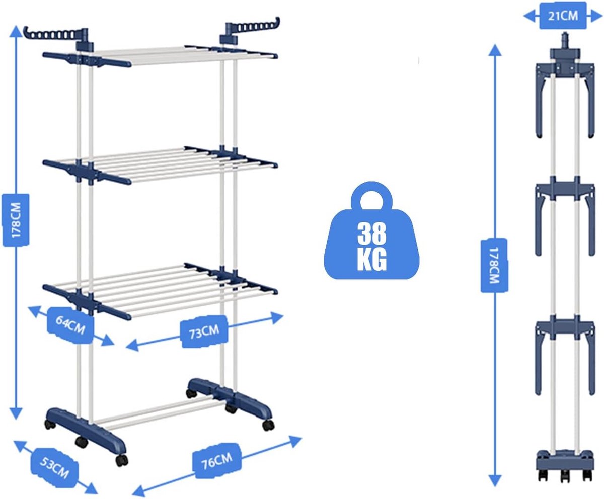 Droogrek met wieltjes, opvouwbare bodem, ruimtebesparende toren ...