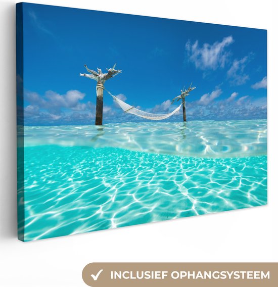 Canvas schilderij 140x90 cm - Wanddecoratie Zomer - Zee - Hangmat - Muurdecoratie... | bol