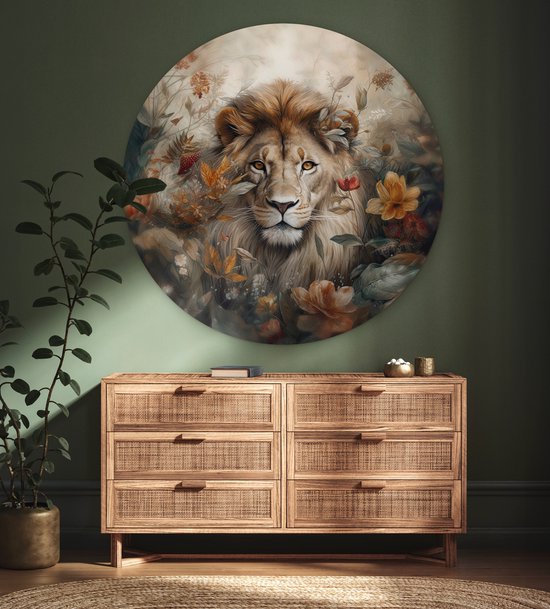 WallCircle - Wandcirkel 150x150 - Leeuw - Wilde dieren - Planten - Natuur - Bloemen -... | bol