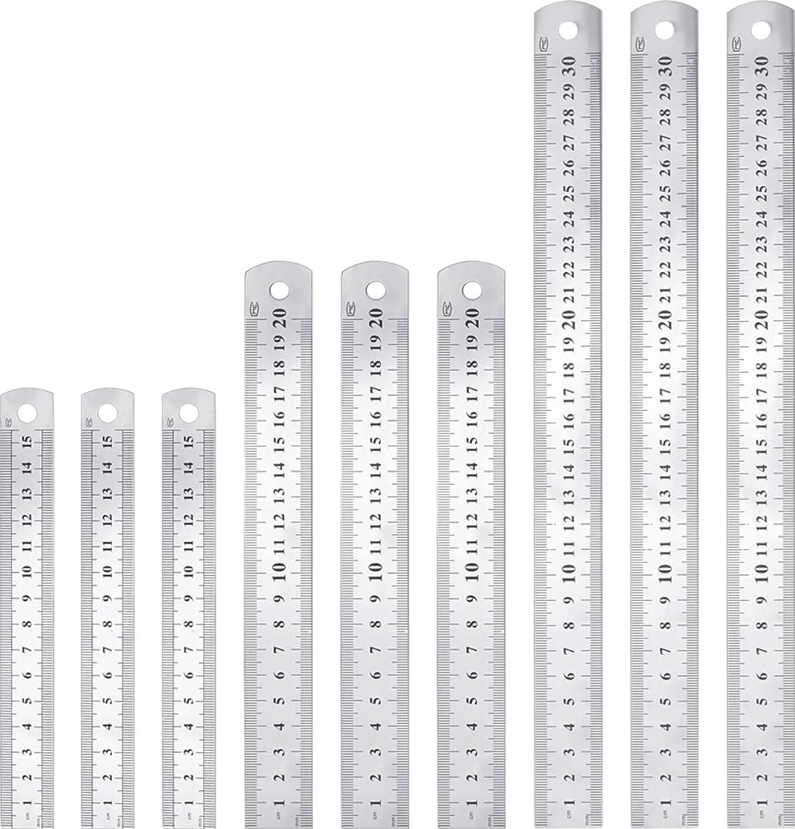 9 stuks roestvrij stalen linialen, 15 cm, 20 cm, 30 cm, stalen liniaal ...