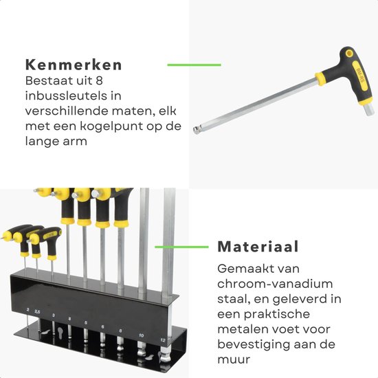 Cheqo® Kogelkop Inbus T-Grepen 8-delig met Houder - Mat Verchroomd ...