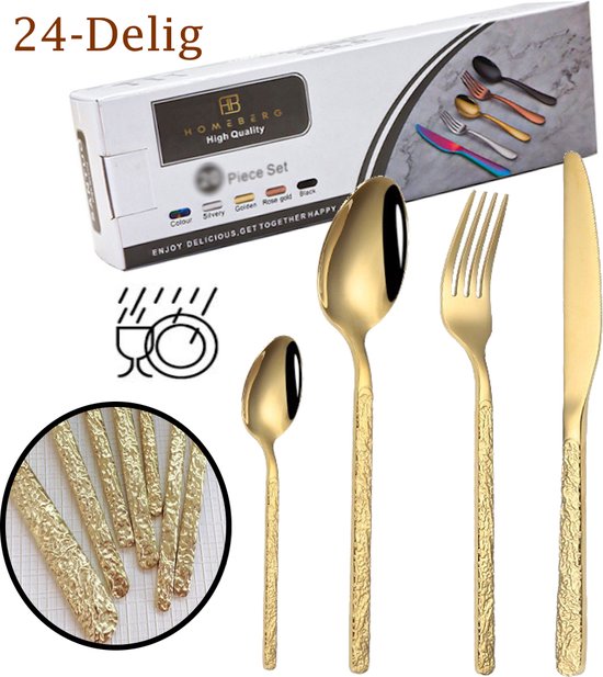 HomeBerg 24 Delig Gouden Bestek set - Contouren - Goud - 6 Persoons ...