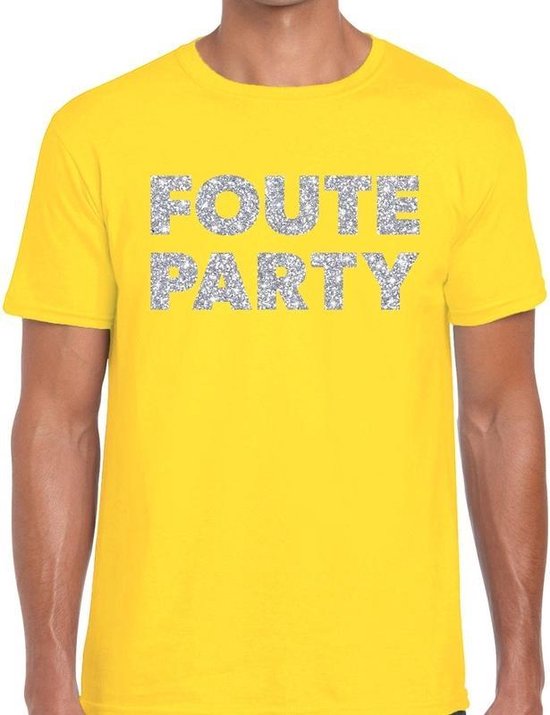 Foute party zilveren glitter tekst t-shirt geel heren - Foute party ...
