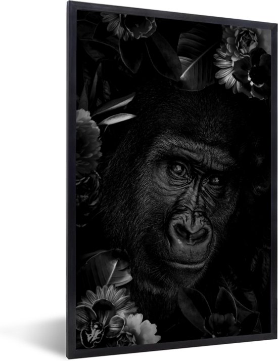 Fotolijst incl. Poster Zwart Wit- Botanische aap op zwarte achtergrond ...