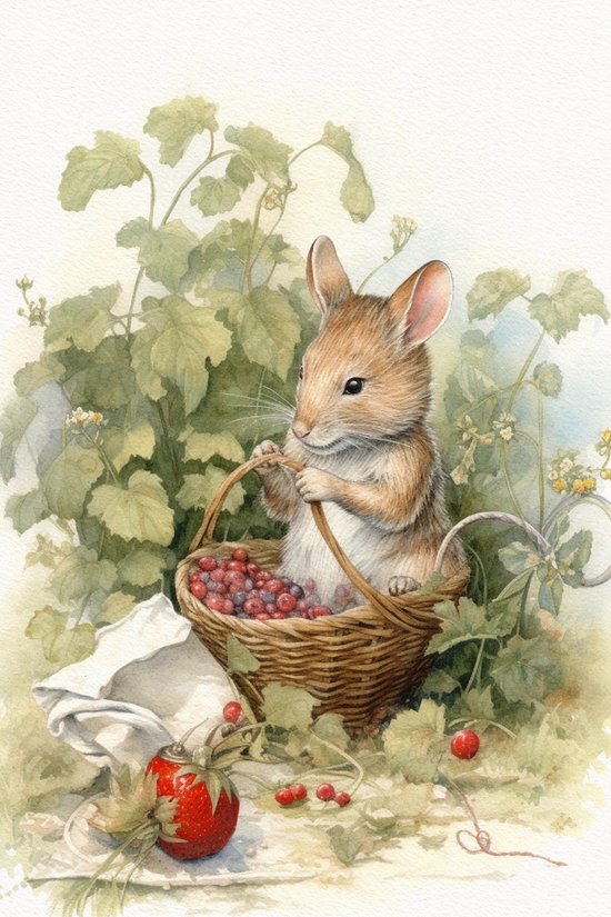 Nzuri Poster Kinderkamer - Schattige Muis met bessen - Kunst - Jongen ...
