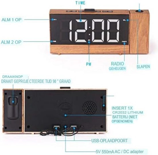 Wekkerradio met Projectie - Digitale Wekker - Digitale Klok - Hout | bol