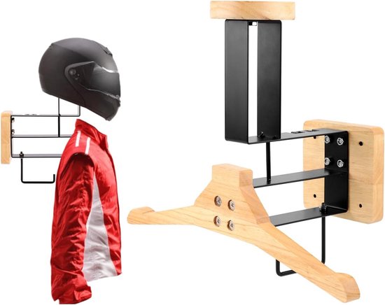 Allecto Plus - Wandmontage Helmhouder met Haak en Houten Hanger voor ...