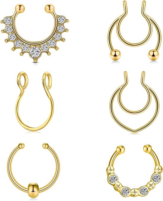 Allecto Plus - Nep Gouden Neuspiercing Set van 6 stuks - Fake Septum en ...
