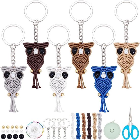 DIY macramé uil sleutelhanger - 6-delige set voor beginners met nylon ...