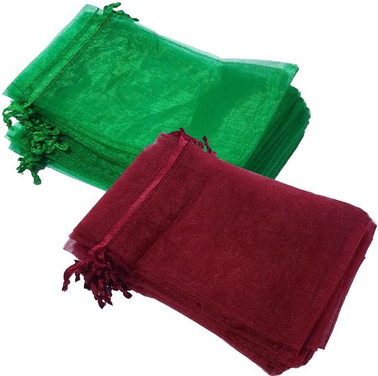 Prigta - Organza zakjes - 100 stuks - 10x15 cm - Groen en bordeaux rood ...