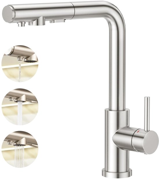 3-Weg Keukenkraan met Uittrekbare Vuistdouche - Roestvrij Staal - Multifunctioneel | bol