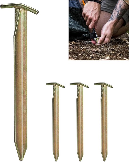 Tent Pegs Set of 4 T-Shaped Galvanized Steel 30 cm Long Pegs for Awning ...