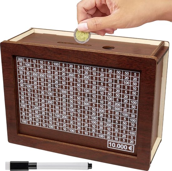 Houten spaarpot met cijfers en doel - Stimuleert sparen - € 10.000 Doel ...