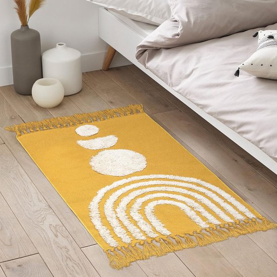 Klein vloerkleed 60 x 90 cm, boho geel regenboog getuft katoenen ...