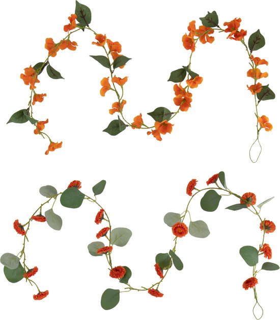 J-Line slinger Bloemen + Blaadjes - kunststof - oranje/groen - 2 stuks ...