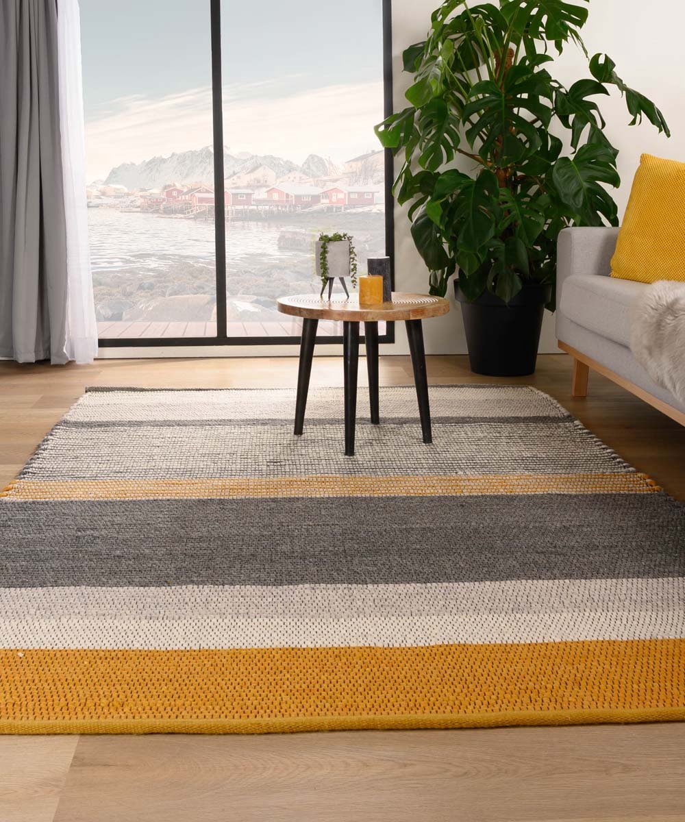 Wollen vloerkleed strepen Lett - okergeel/grijs 60x120 cm | bol.com