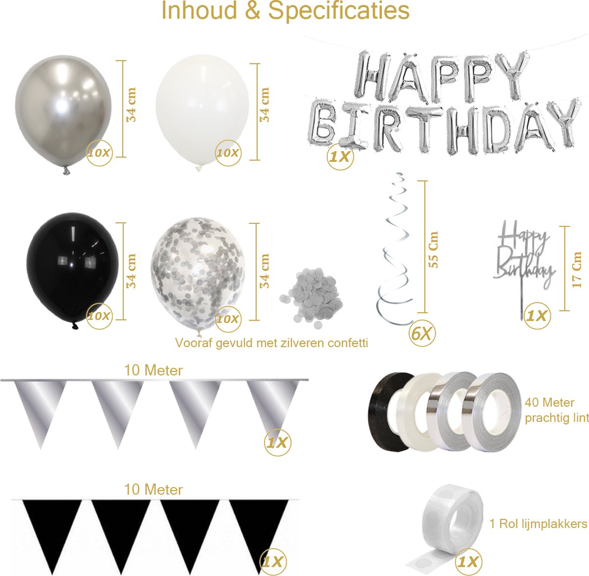 Zilveren & Zwarte & Witte Helium Ballonnen Slingers Verjaardag ...
