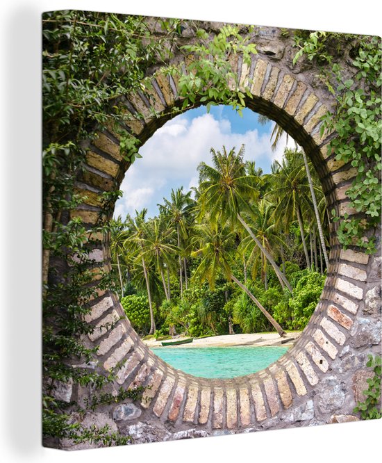 Canvas Schilderij Doorkijk - Palm - Tropisch - Strand - zee - 20x20 cm - Wanddecoratie | bol
