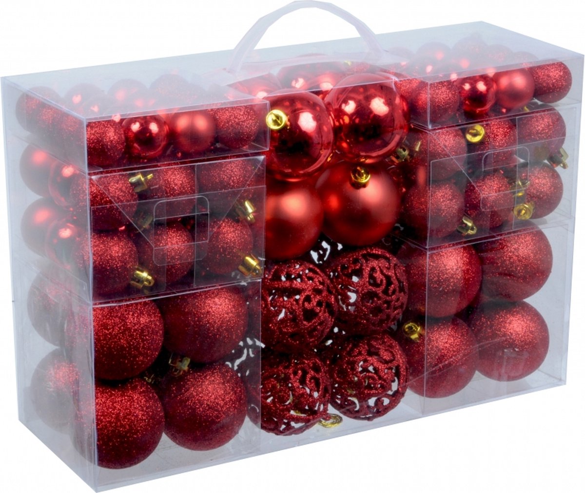 Pakket met 100x rode kerstballen kunststof inclusief kerstbalhaakjes ...