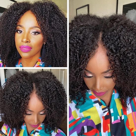 Kinky Curly Menselijk Haar Pruik V-Part Glueless voor Dames Natuurlijke ...