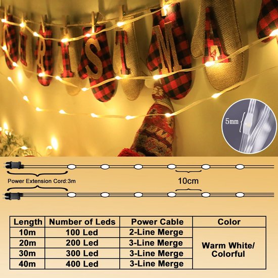 Lichtsnoer 20 meter 200 LED's warmwit met 8 modi en timer | bol