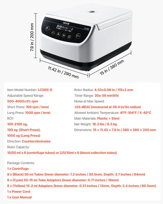 VEVOR Centrifuge Machine 2/5/10/15/50ml 500-4000rpm Laboratorium ...
